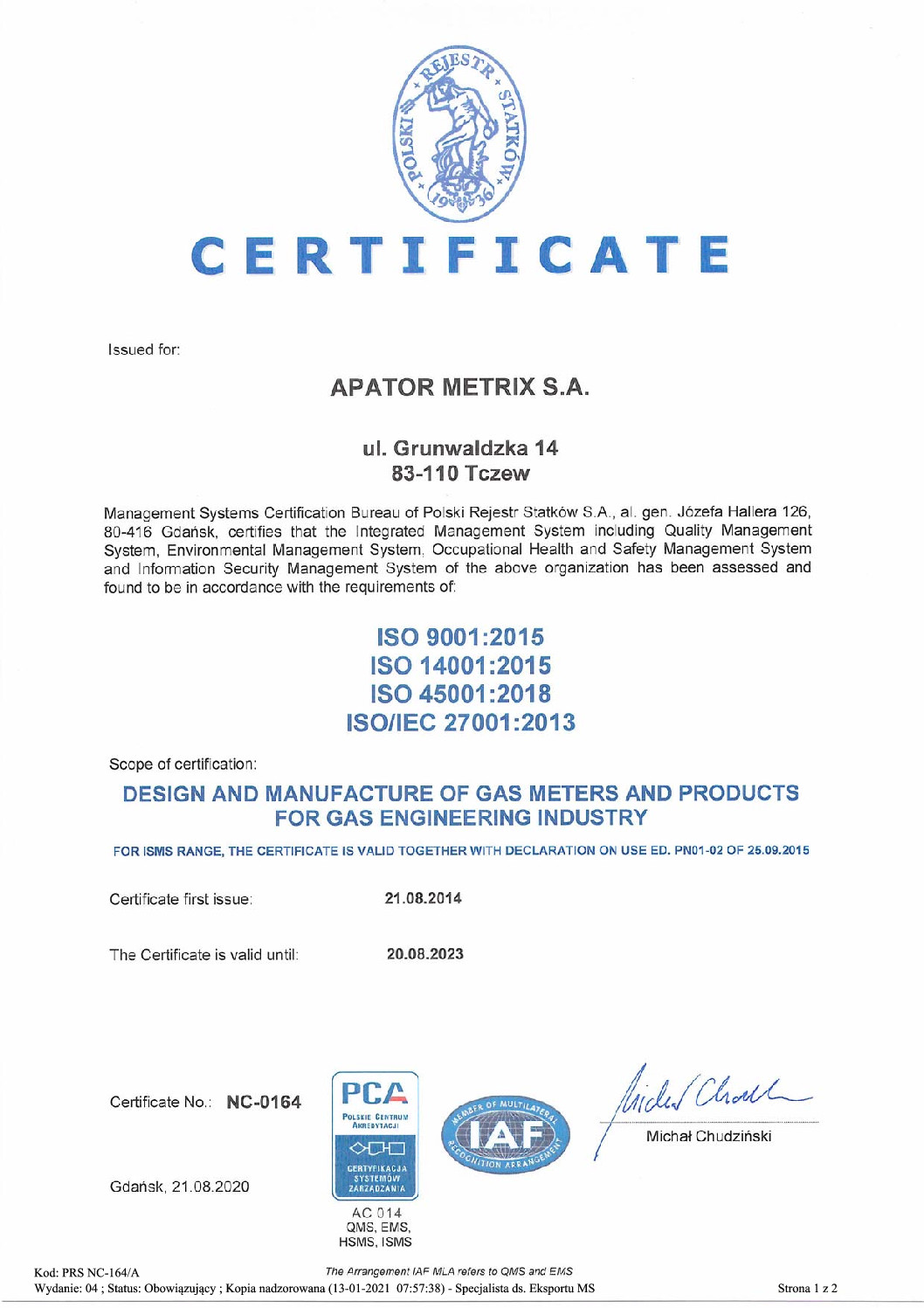 CERTIFICADO DE CALIDAD APATOR METRIX | STI LTDA